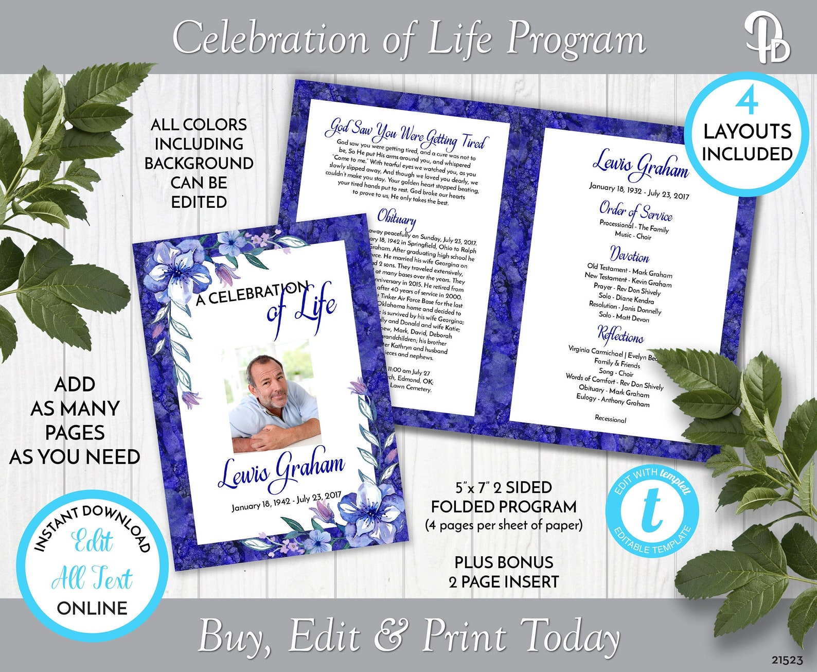 Blue Floral Border Funeral Program Template Obituary/order of - Etsy
