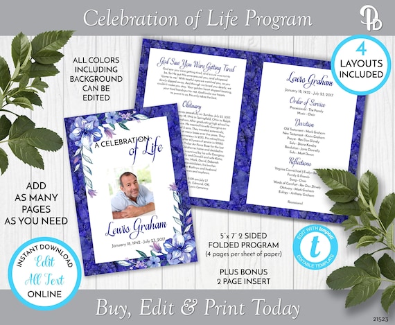 Blue Floral Border Funeral Program Template Obituary/order of - Etsy