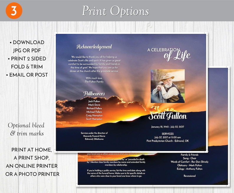 Sunset Sunrays Funeral Program Template, Obituary/order of Service ...