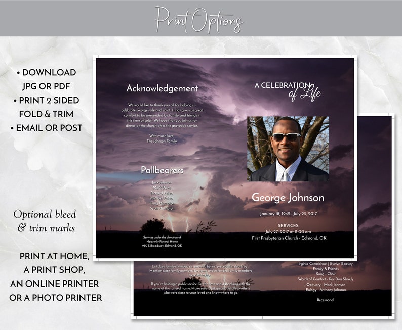 Thunderstorm Funeral Program, Obituary Template, Celebration of Life ...
