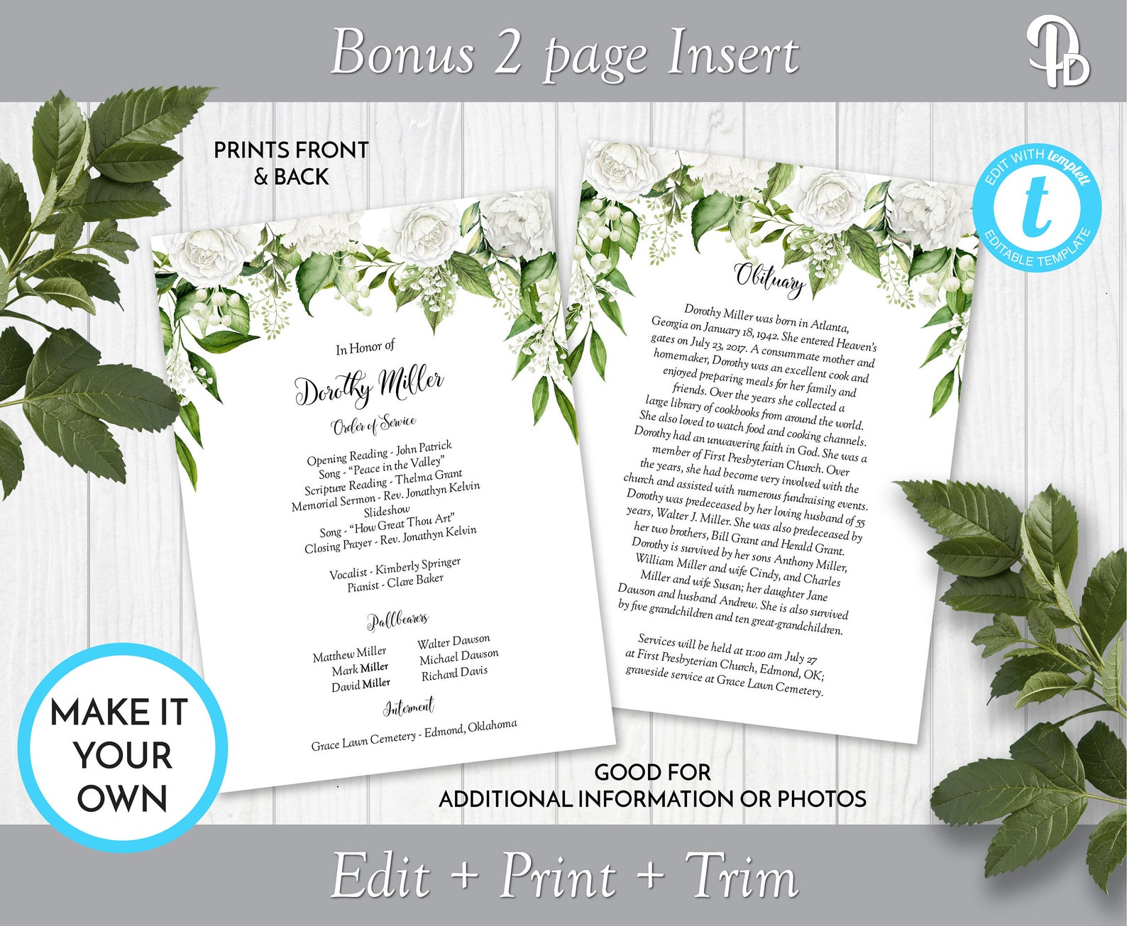 White Floral Funeral Program Template, Obituary/order of Service ...