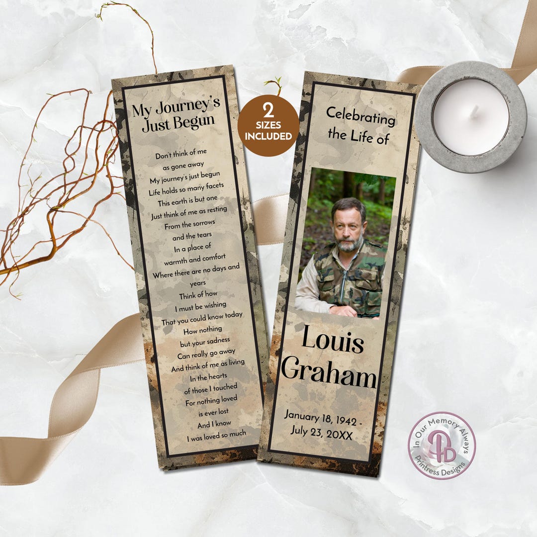 Camouflage Printable Funeral Bookmark Template, Editable Memorial ...