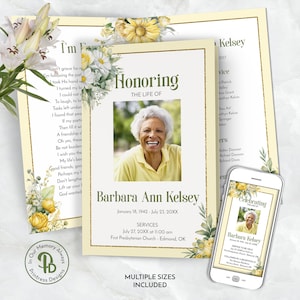 Yellow and White Floral Funeral Program Template, Celebration of Life ...