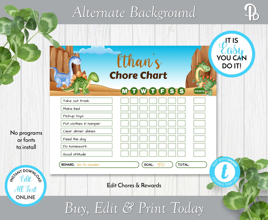Dinosaur Children's Chore Chart Editable Reward Chart - Etsy