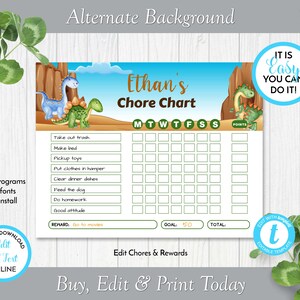 Dinosaur Children's Chore Chart, Editable Reward Chart, Printable Kid's ...