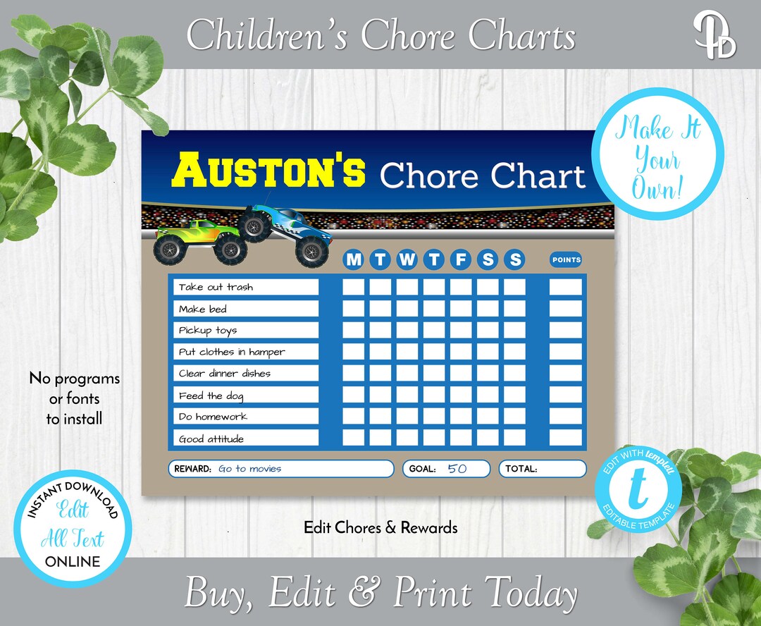 Monster Truck Children's Chore Chart, Editable Reward Chart, Printable ...