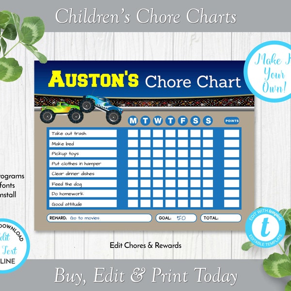 Printable Monster Truck Reward Chart - Etsy