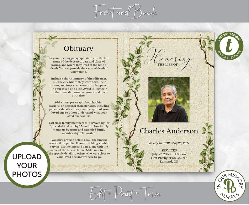 Vine and Twig Funeral Program, Obituary Template, Celebration of Life ...