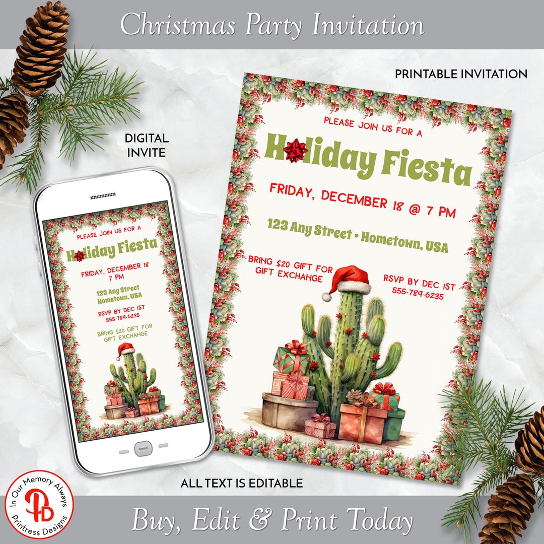 Christmas Fiesta Invitation Template, Printable Festive Fun Holiday ...
