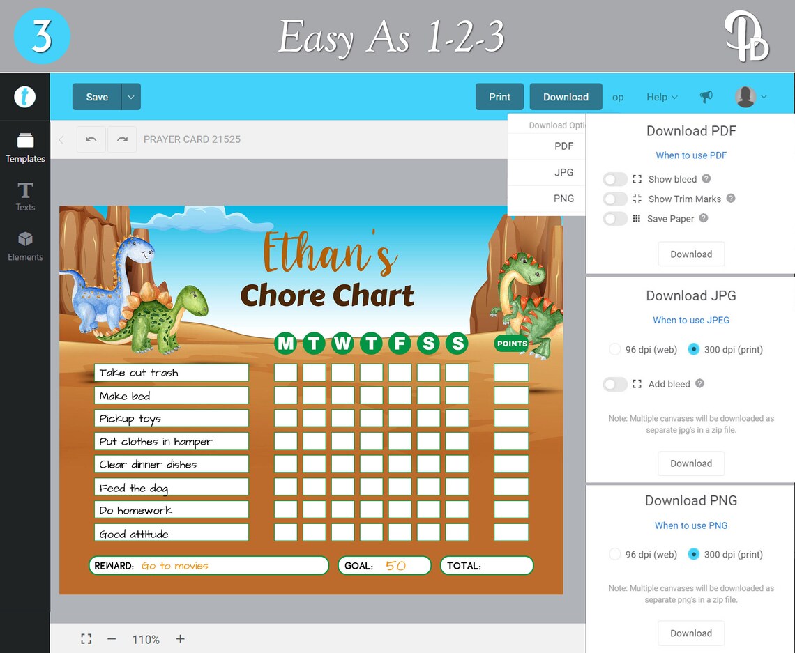 Dinosaur Children's Chore Chart, Editable Reward Chart, Printable Kid's ...