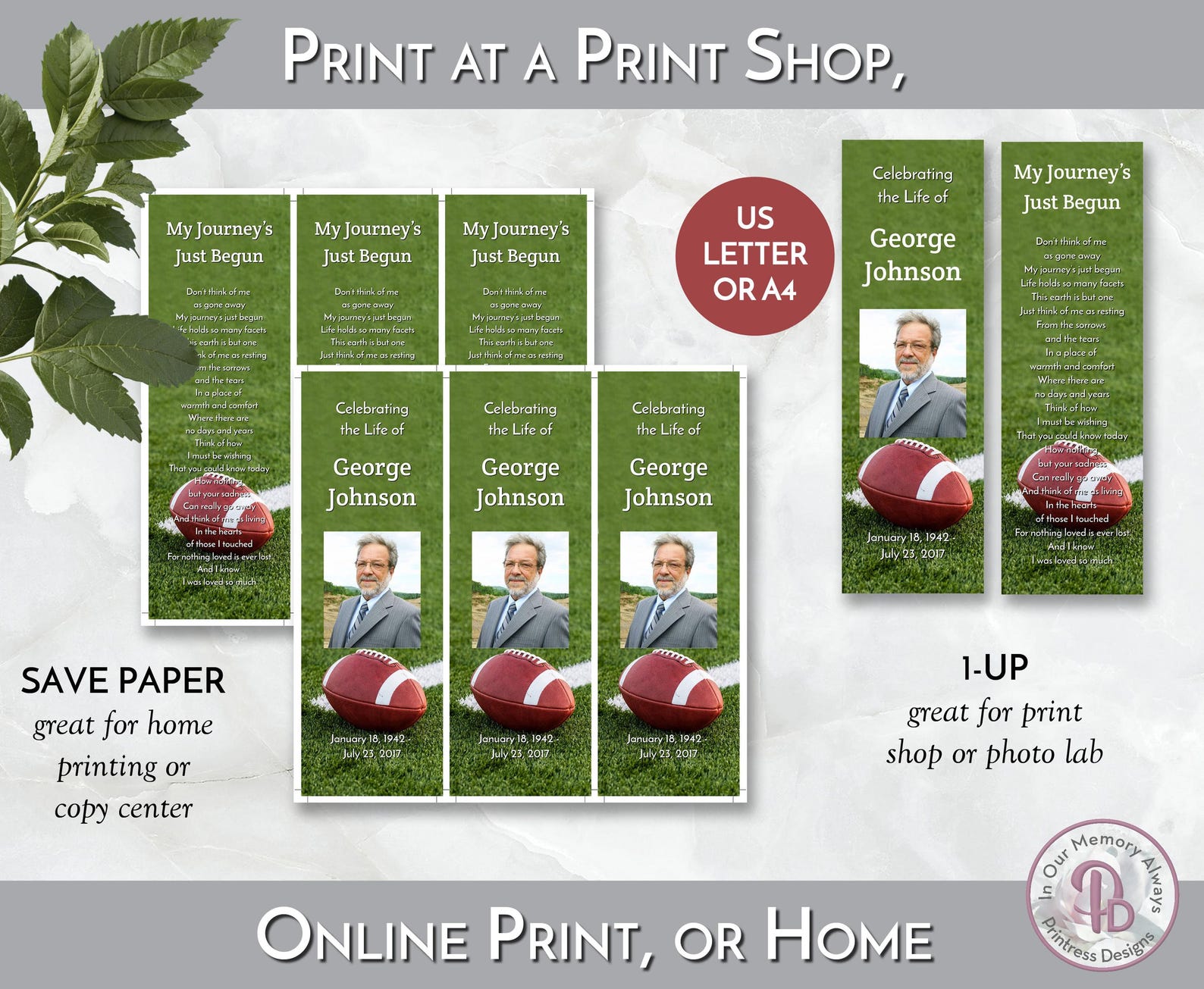 Football Printable Funeral Bookmark Template, Sports Editable Memorial ...