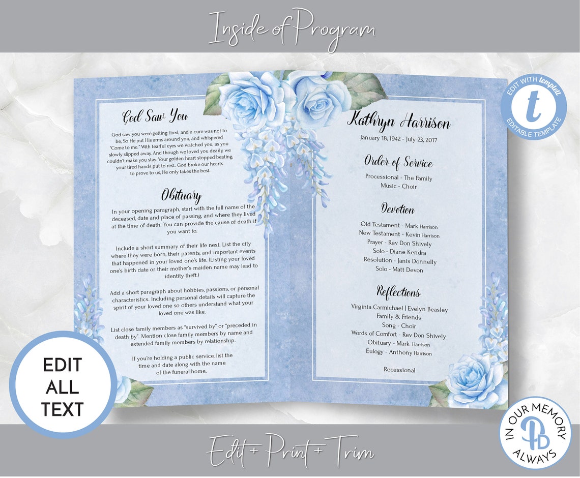 Blue Roses Funeral Program Template, Obituary/order of Service Template ...
