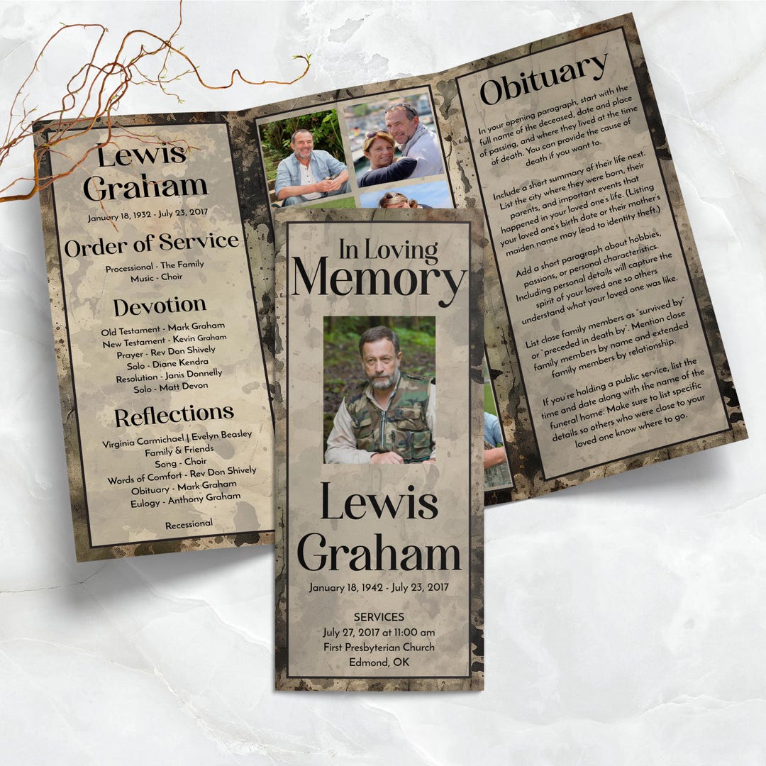 Camouflage Trifold Funeral Program, Hunter's Obituary Template, Veteran ...