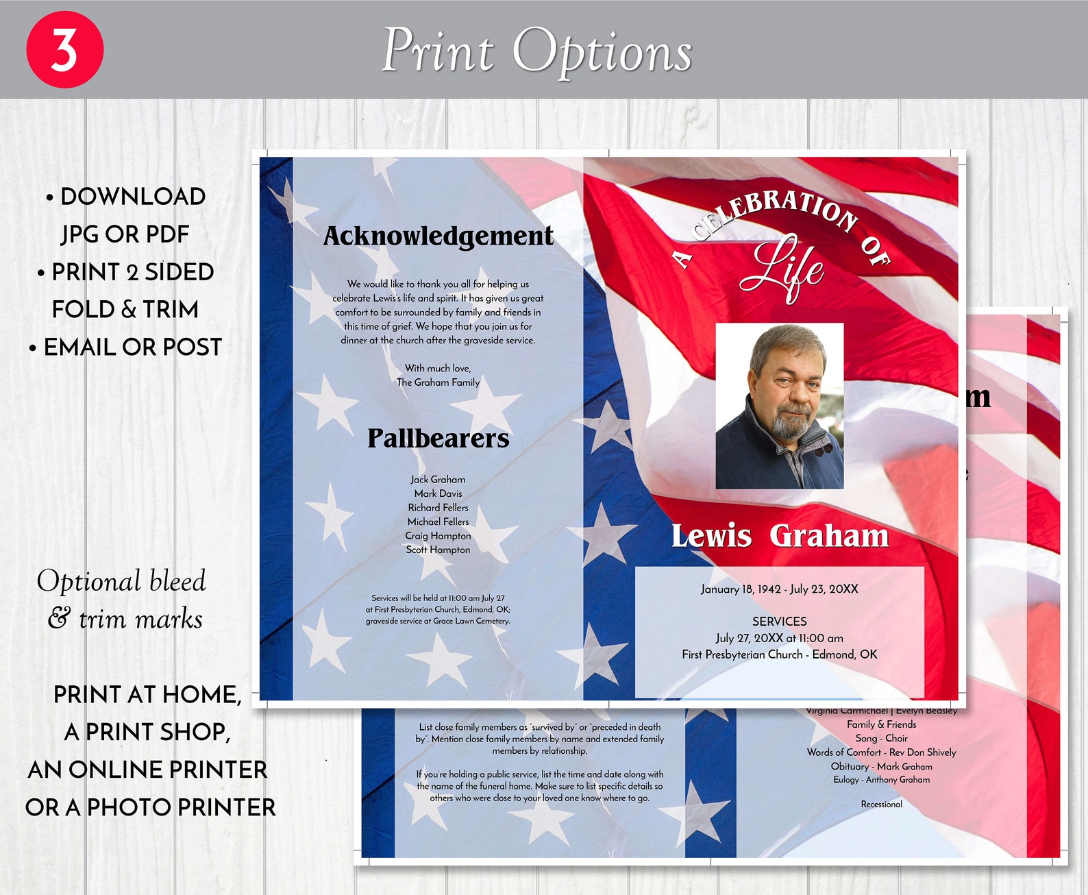 Patriotic US Flag Funeral Program Template, Obituary/order of Service ...