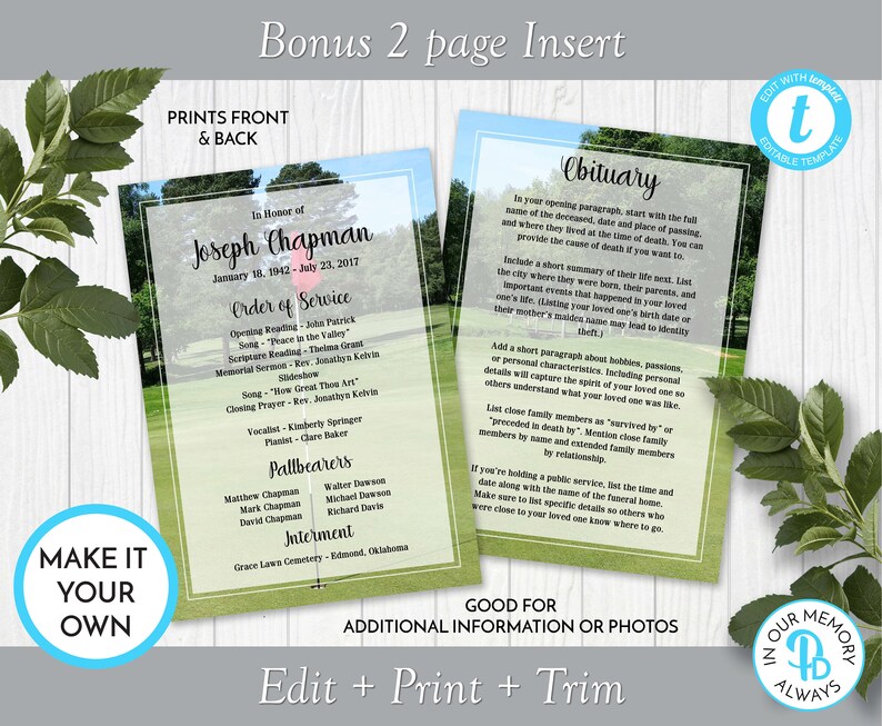 Golfer's Memorial Service Template, Obituary/order of Service Template ...