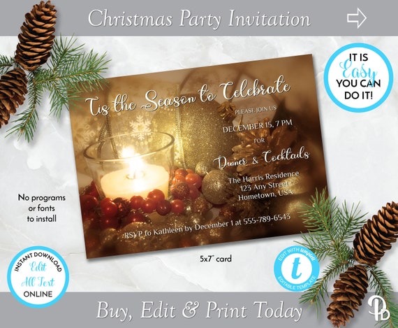 Golden Candle Christmas Party Invitation Holiday Invitation | Etsy