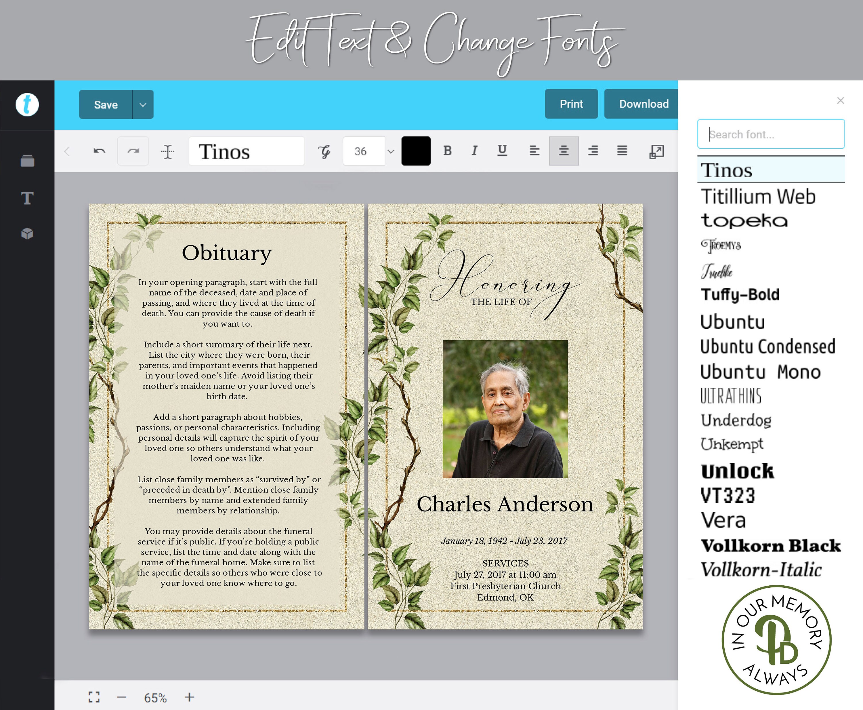 Vine and Twig Funeral Program, Obituary Template, Celebration of Life ...