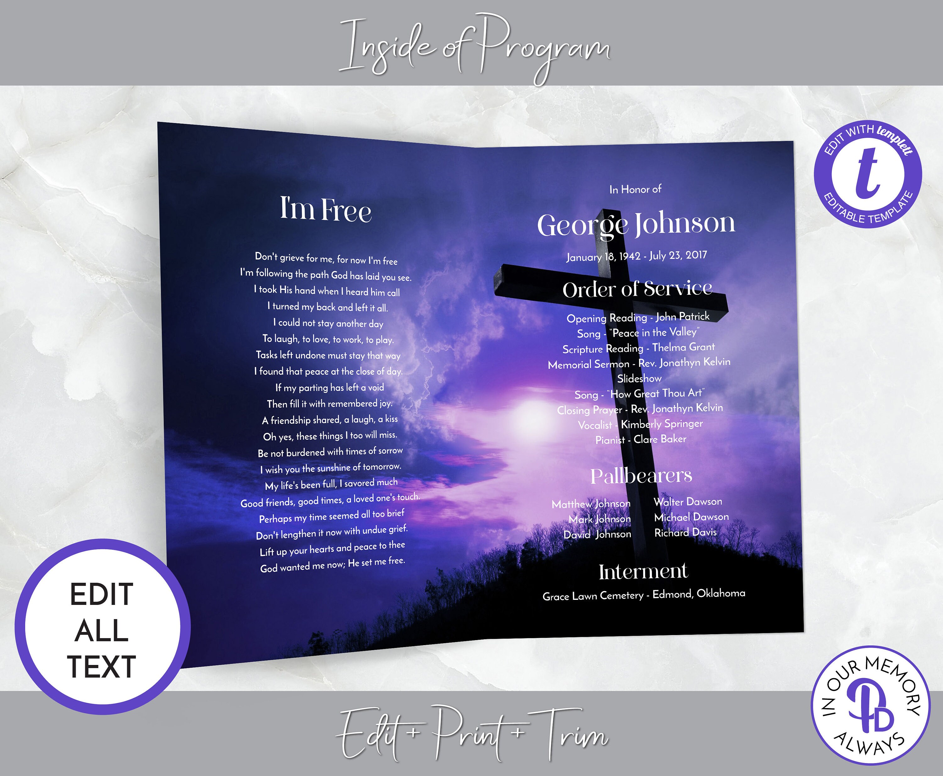 Purple Sunset Cross Funeral Program Template, Obituary/order of Service ...