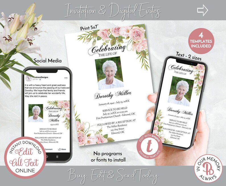 Blush Pink Rose Funeral Invitation Electronic Funeral - Etsy