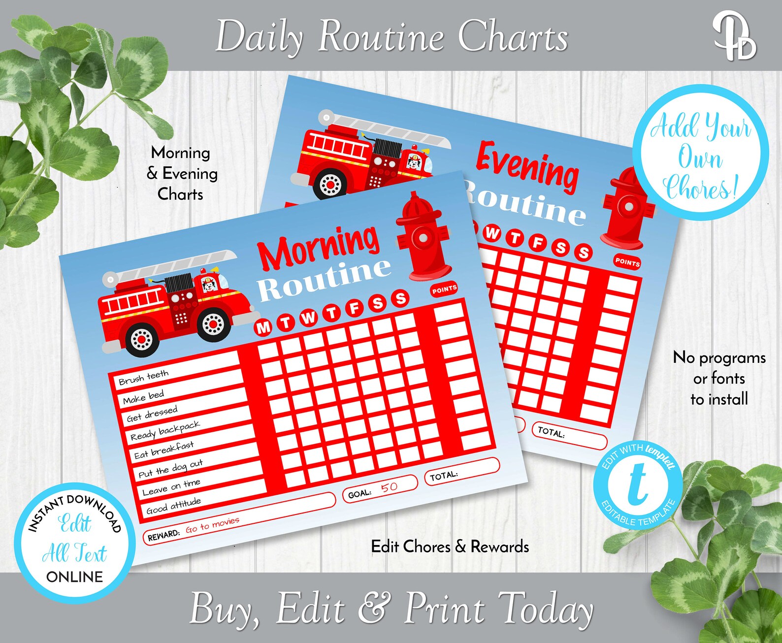 Firetruck Children's Daily Routine Charts Morning Routine | Etsy
