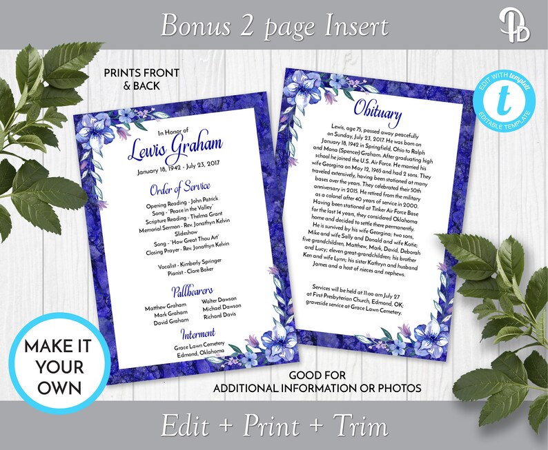 Blue Floral Border Funeral Program Template Obituary/order of - Etsy