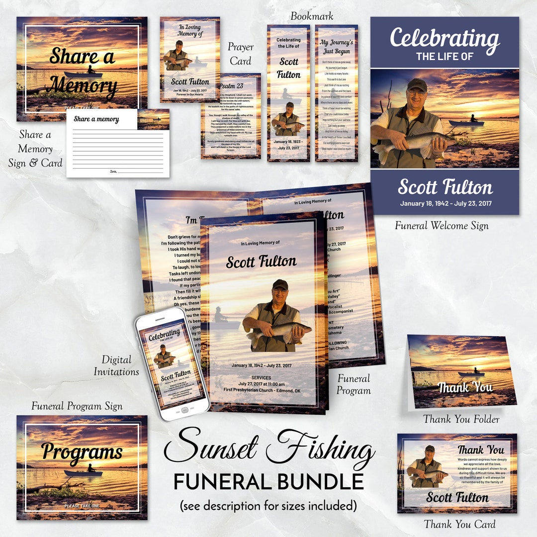 Sunset Fishing Funeral Program Bundle, Bookmarks, Prayer Cards, Share a ...