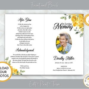 Bright Yellow Floral Funeral Program Obituary Template - Etsy