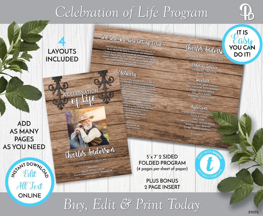 Rustic Aged Wood Funeral Program Template, Obituary/order of Service ...