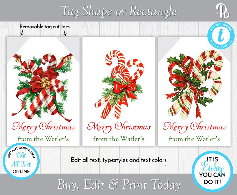 Christmas Candy Cane Gift Tags Template Holiday Ornament Gift - Etsy
