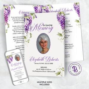 Wisteria Funeral Program Template, Obituary Template, Purple Floral ...
