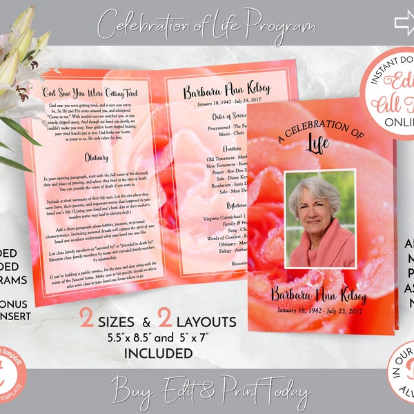 Coral Rose Obituary Template - Etsy