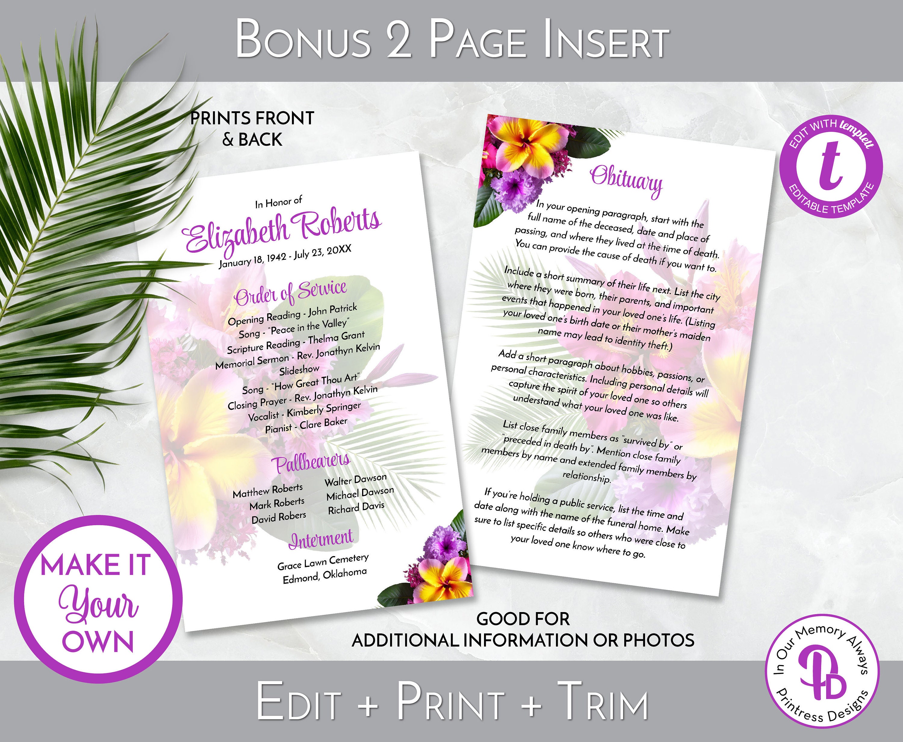 Hawaiian Funeral Program Template, Obituary Template, Tropical Floral ...
