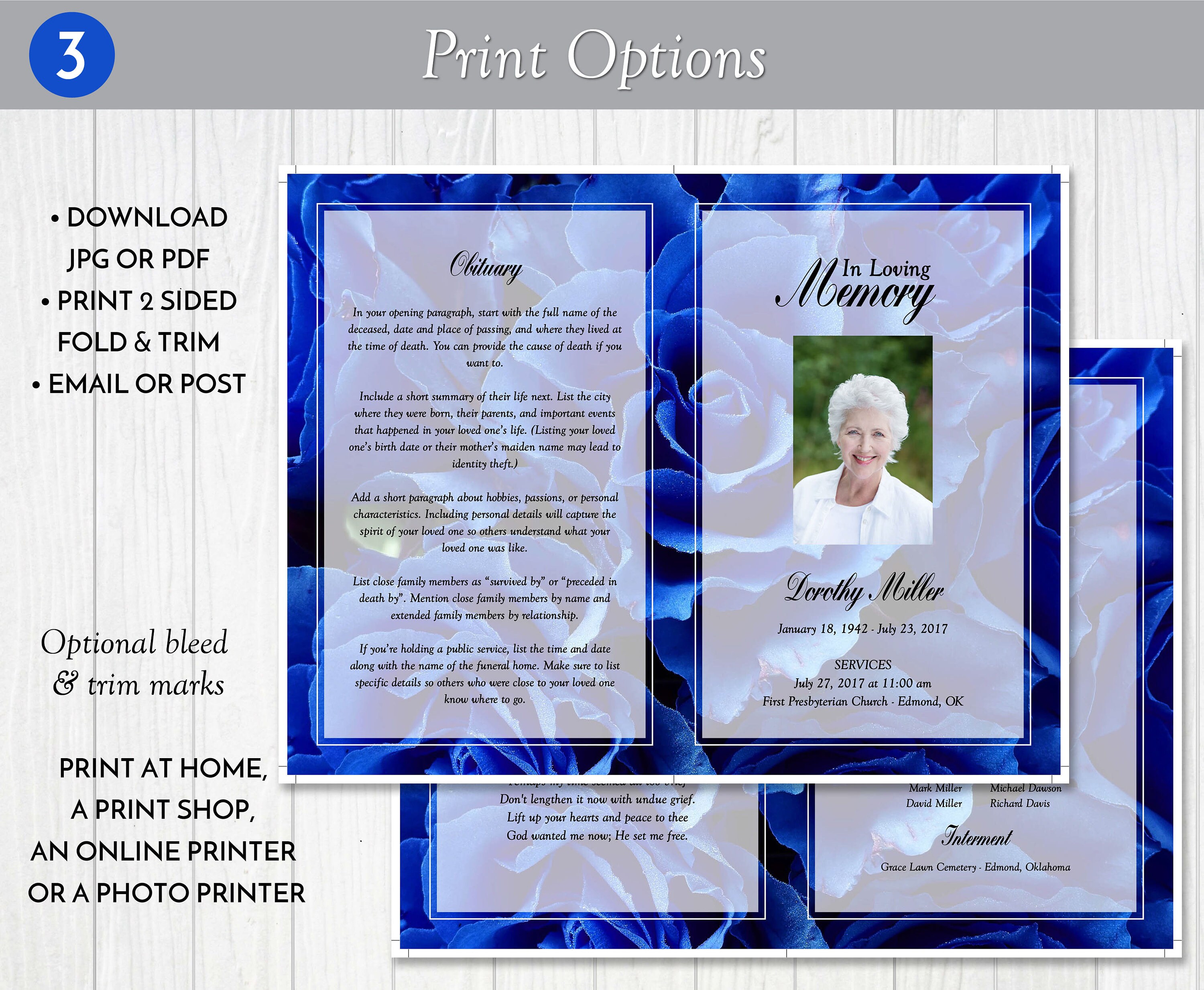 Blue Roses Funeral Program Template Obituary/order of Service - Etsy Canada