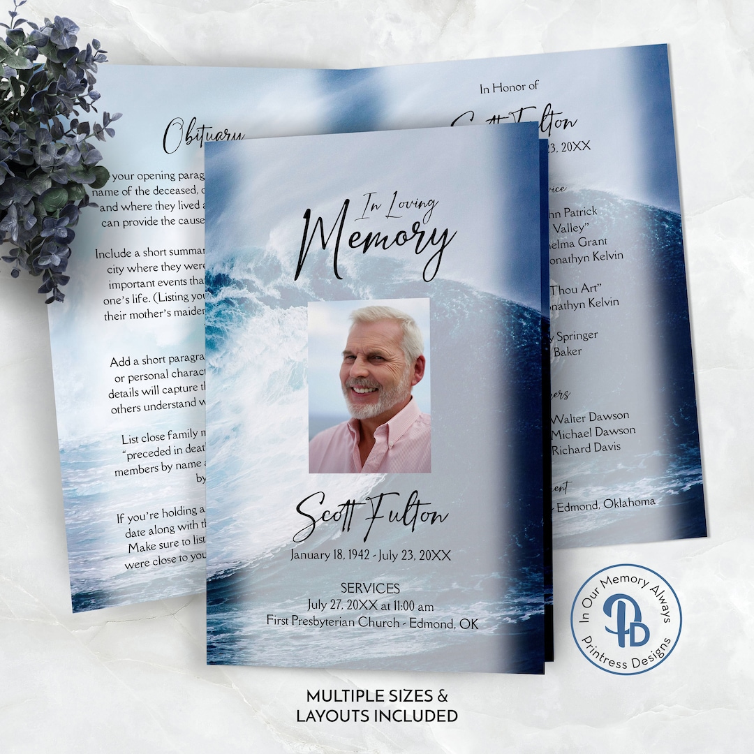 Surfer's Funeral Program, Obituary Template, Ocean Wave Celebration of ...