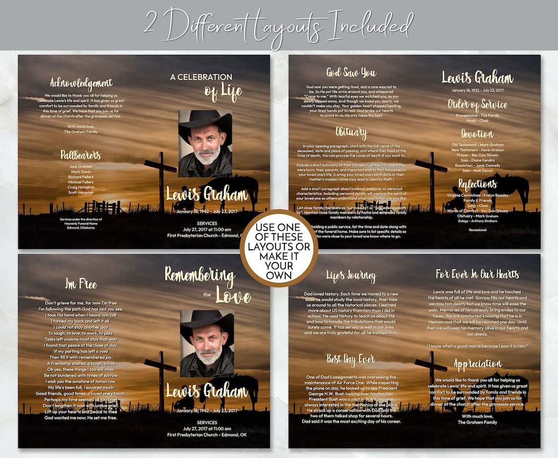 Cowboy Kneeling at a Cross Funeral Program, Obituary Template ...
