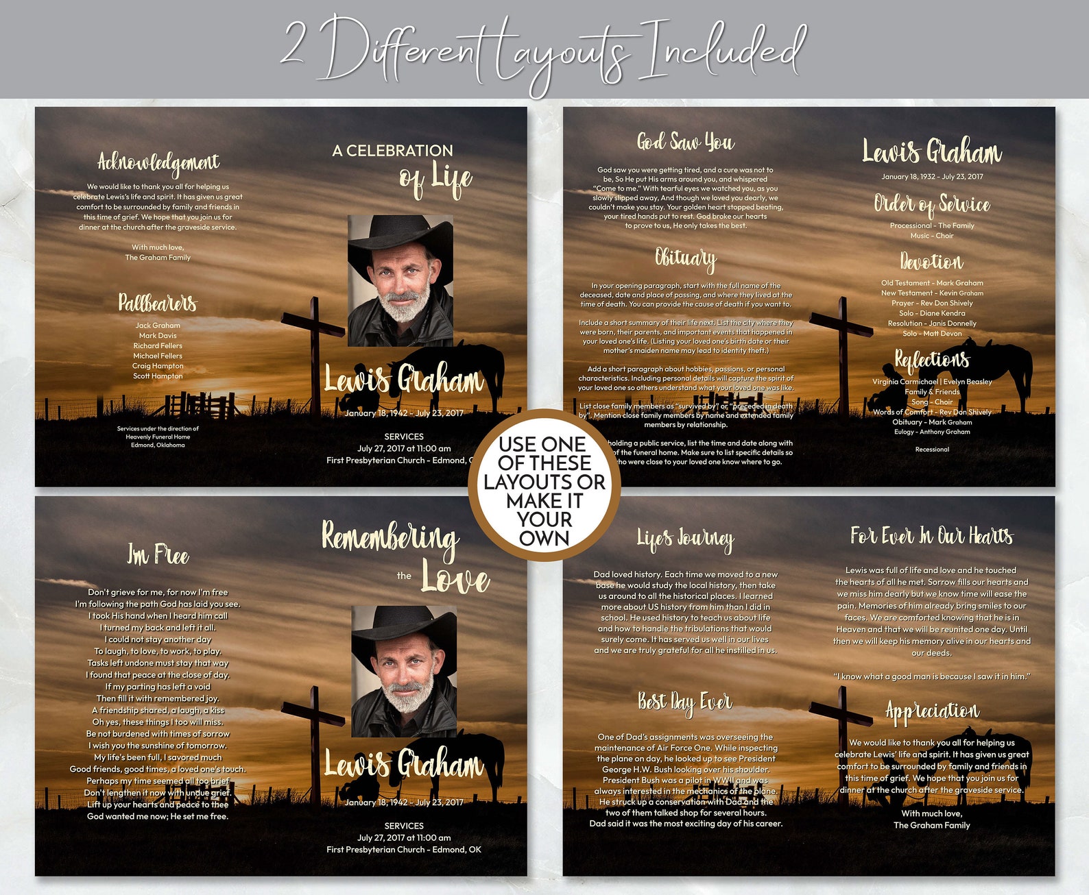 Cowboy Kneeling at a Cross Funeral Program, Obituary Template ...