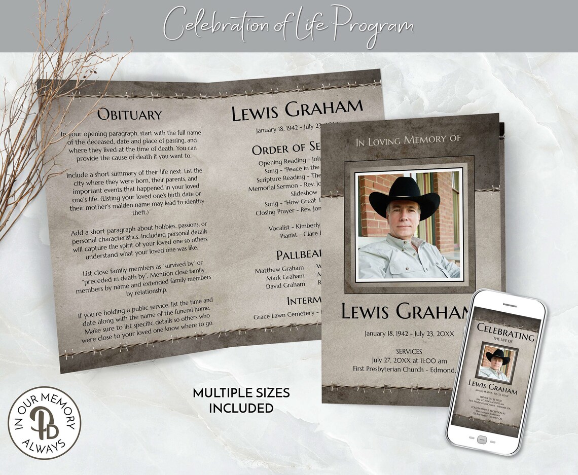 Rustic Brown Funeral Program Template Obituary Template - Etsy