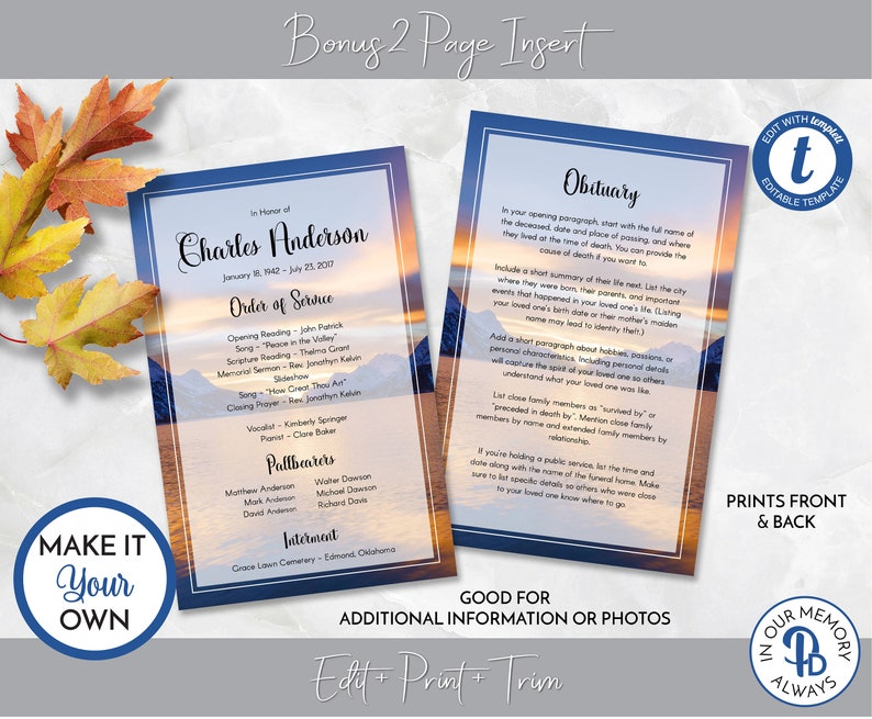 Enchanted Sunset Funeral Program Obituary Template - Etsy