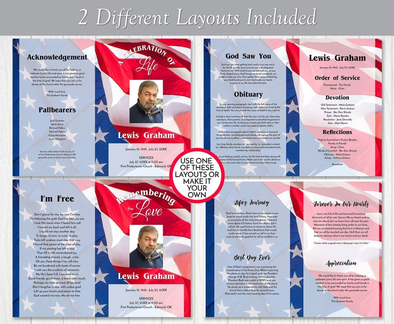 Patriotic US Flag Funeral Program Template, Obituary/order of Service ...