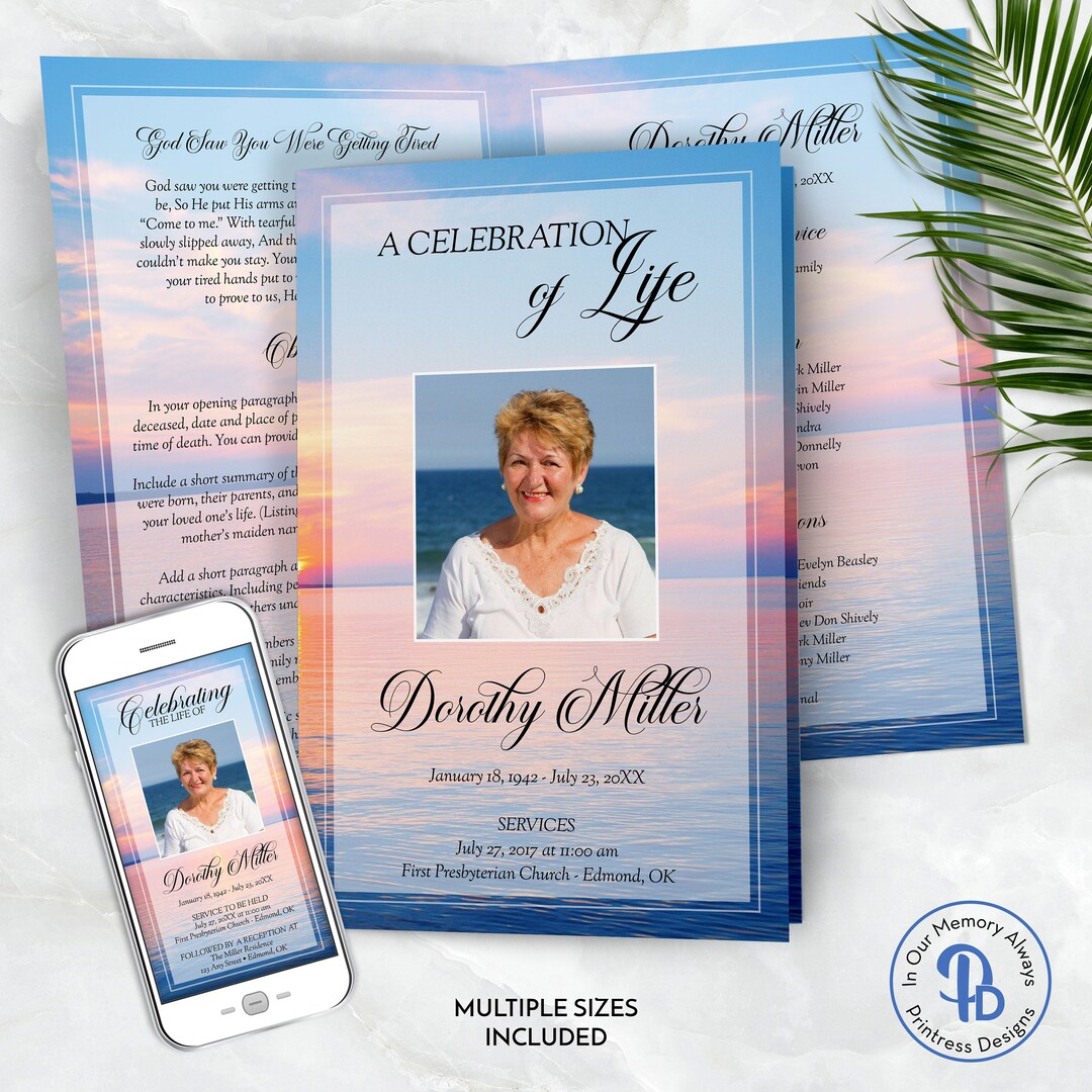 Pastel Sunset Funeral Program Template, Celebration of Life Memorial ...