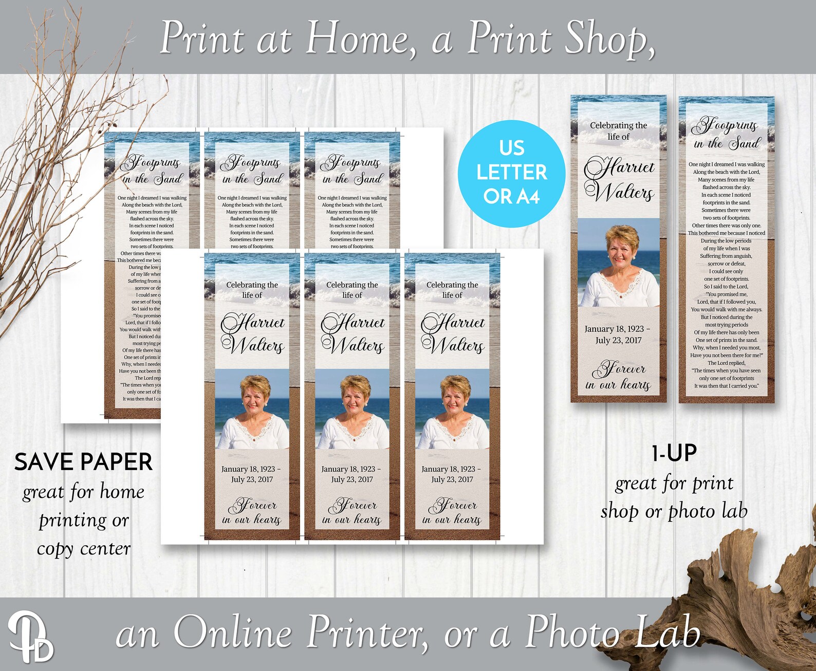 Footprints in the Sand Printable Funeral Bookmark Template - Etsy