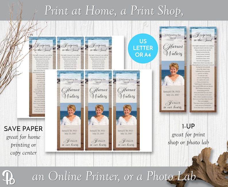 Footprints in the Sand Printable Funeral Bookmark Template, Editable ...