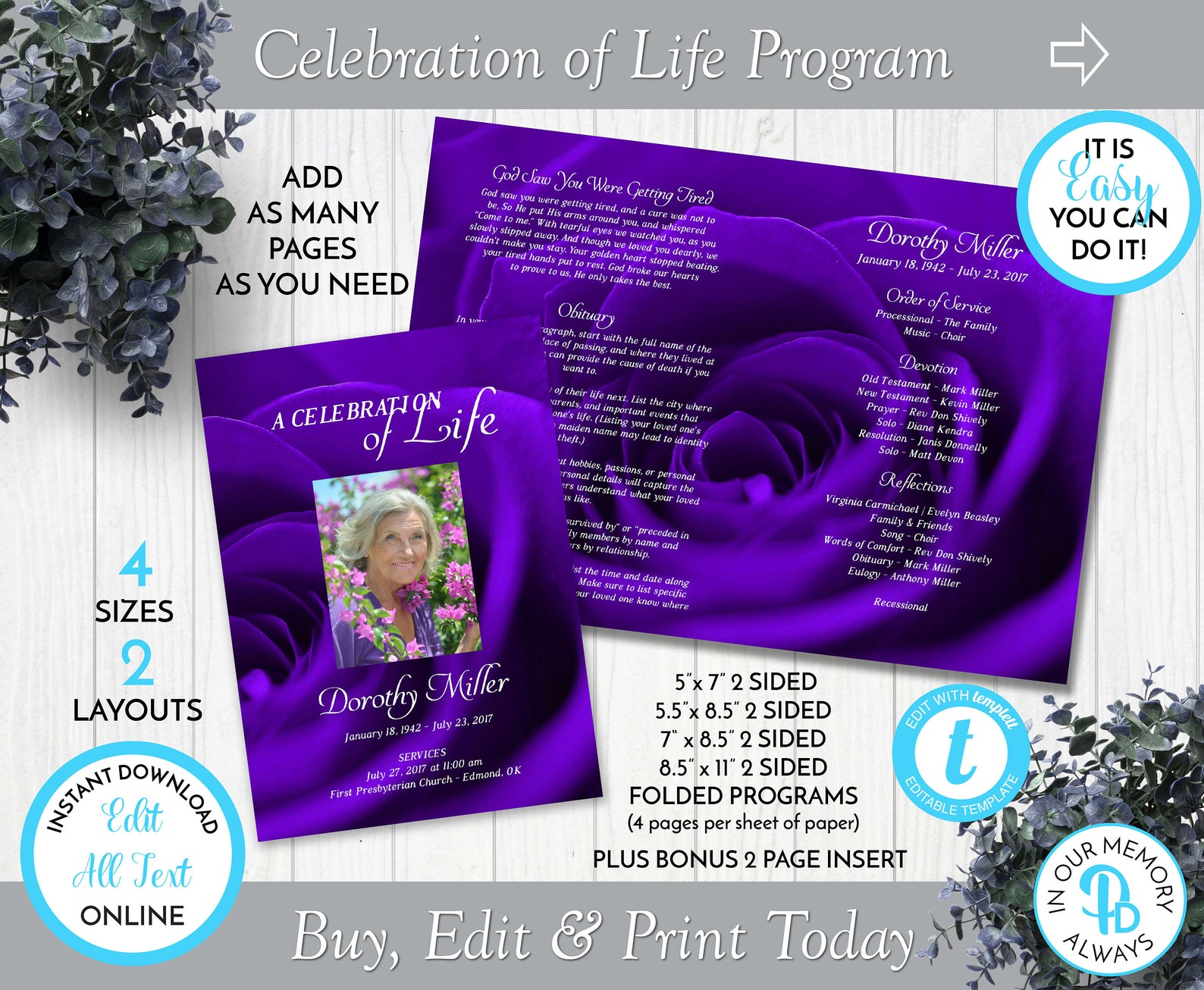 Purple Rose Funeral Program Template Obituary/order of | Etsy