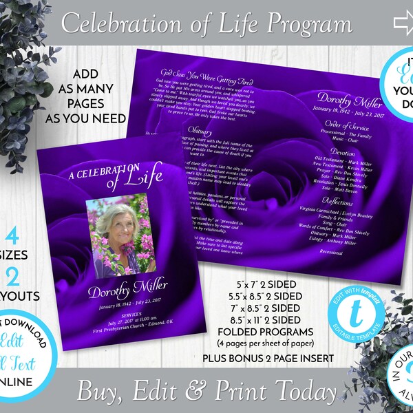 Purple Rose Funeral Program - Etsy