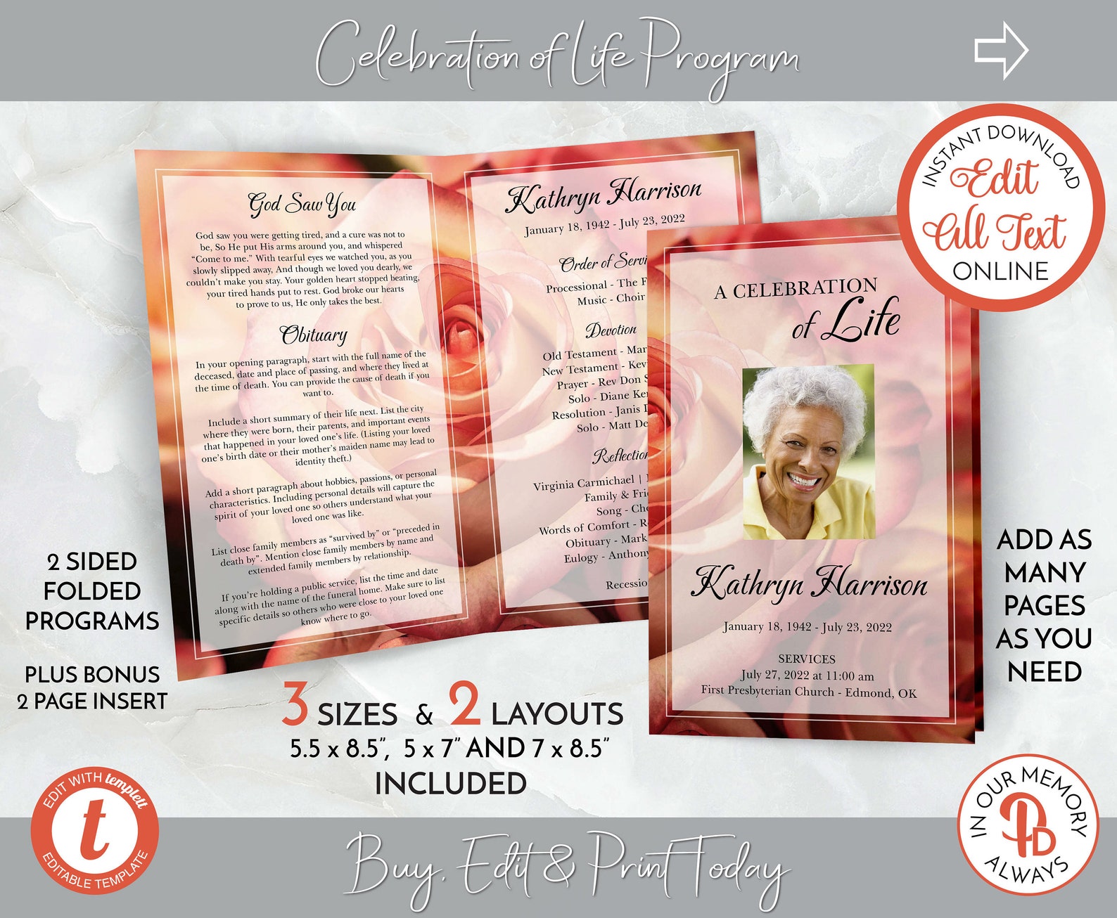 Orange-yellow Rose Funeral Program Obituary Template - Etsy