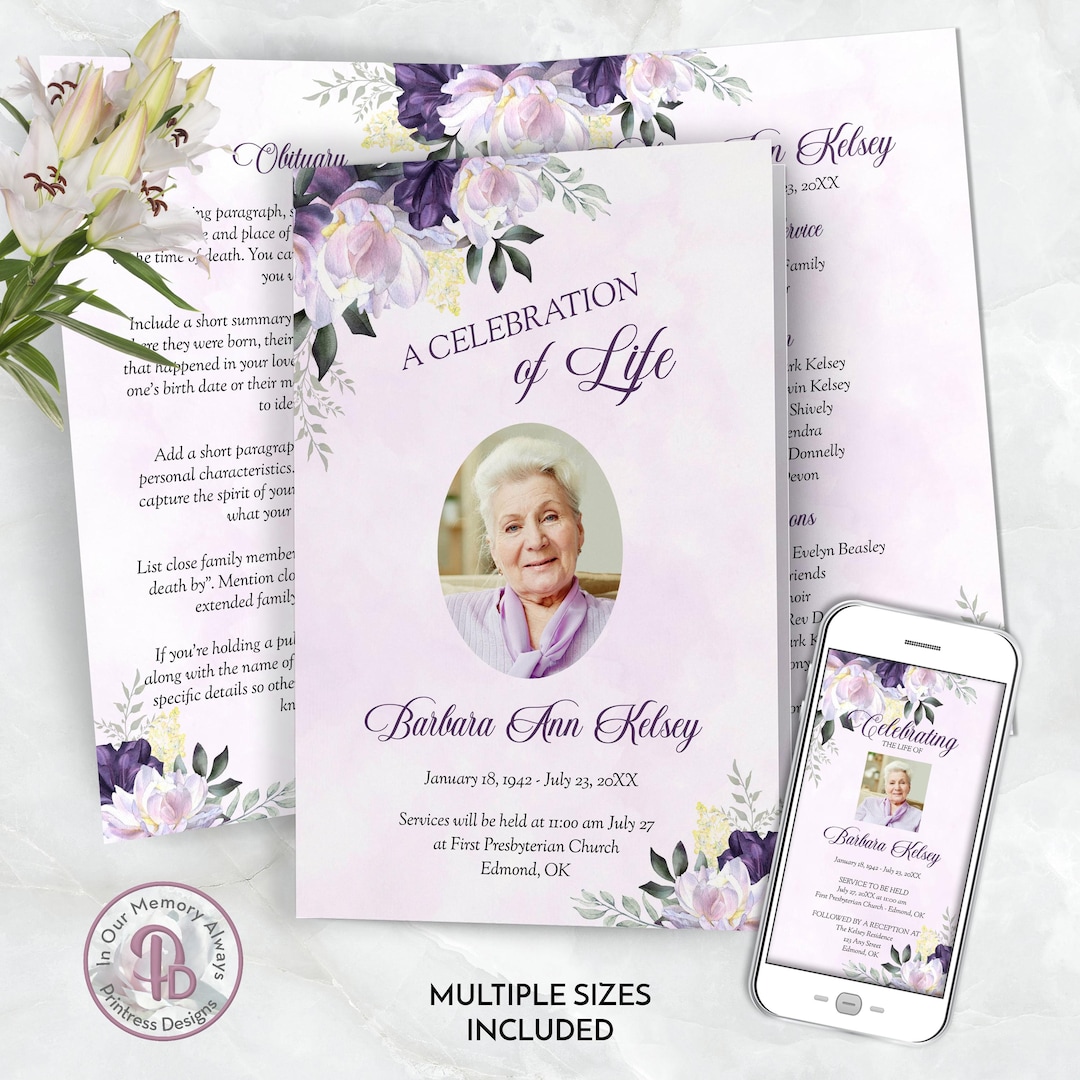 Lavender and Pink Floral Funeral Program Template, Celebration of Life ...