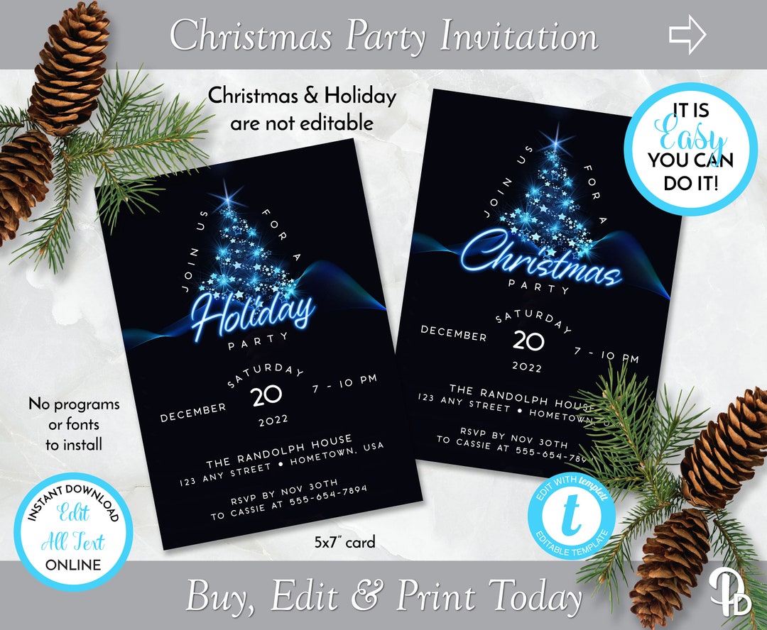 Blue Neon Holiday Party Invitation, Christmas Party Invitation, Edit in ...