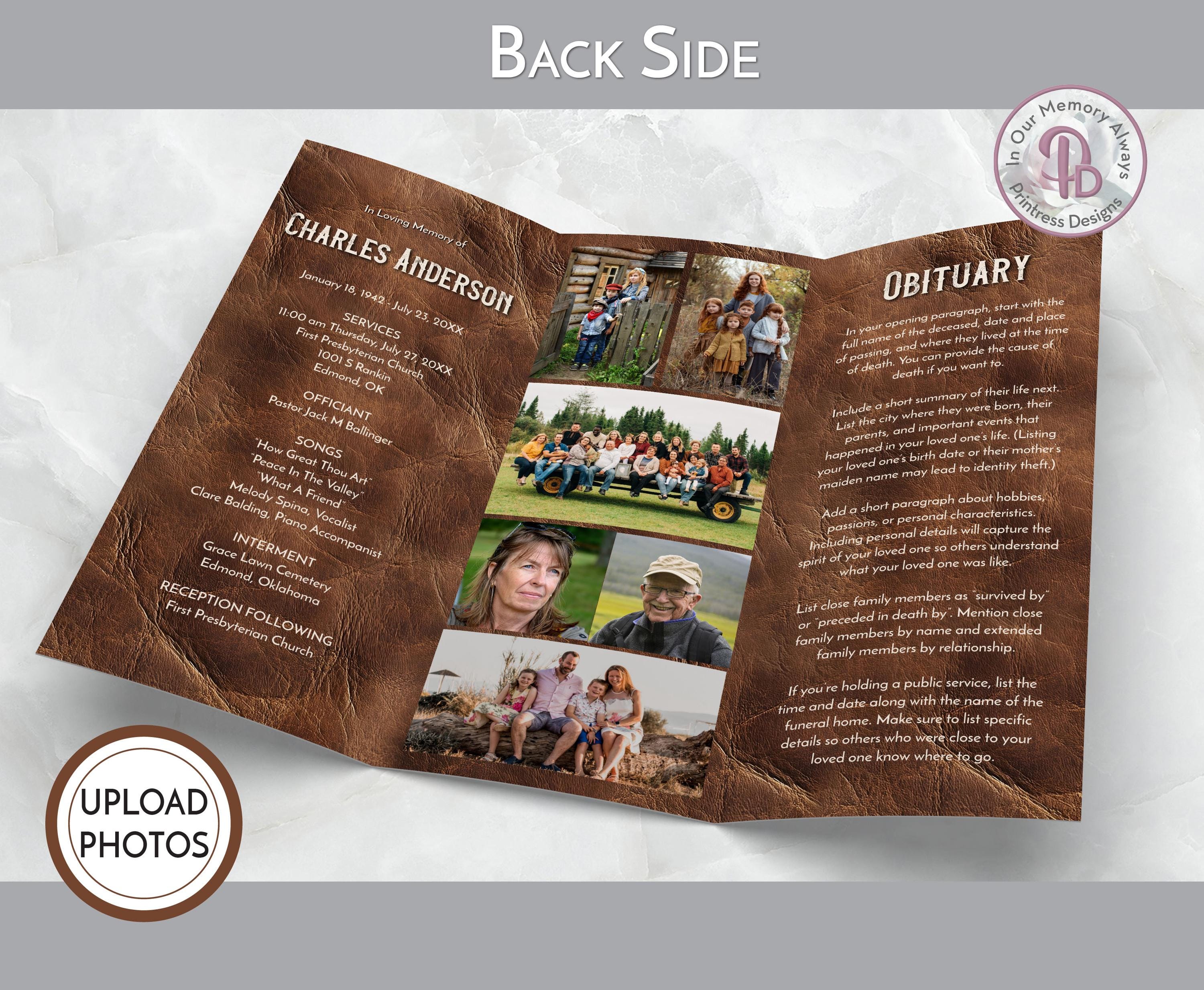 Rustic Leather Trifold Funeral Program, Obituary Template, Country ...