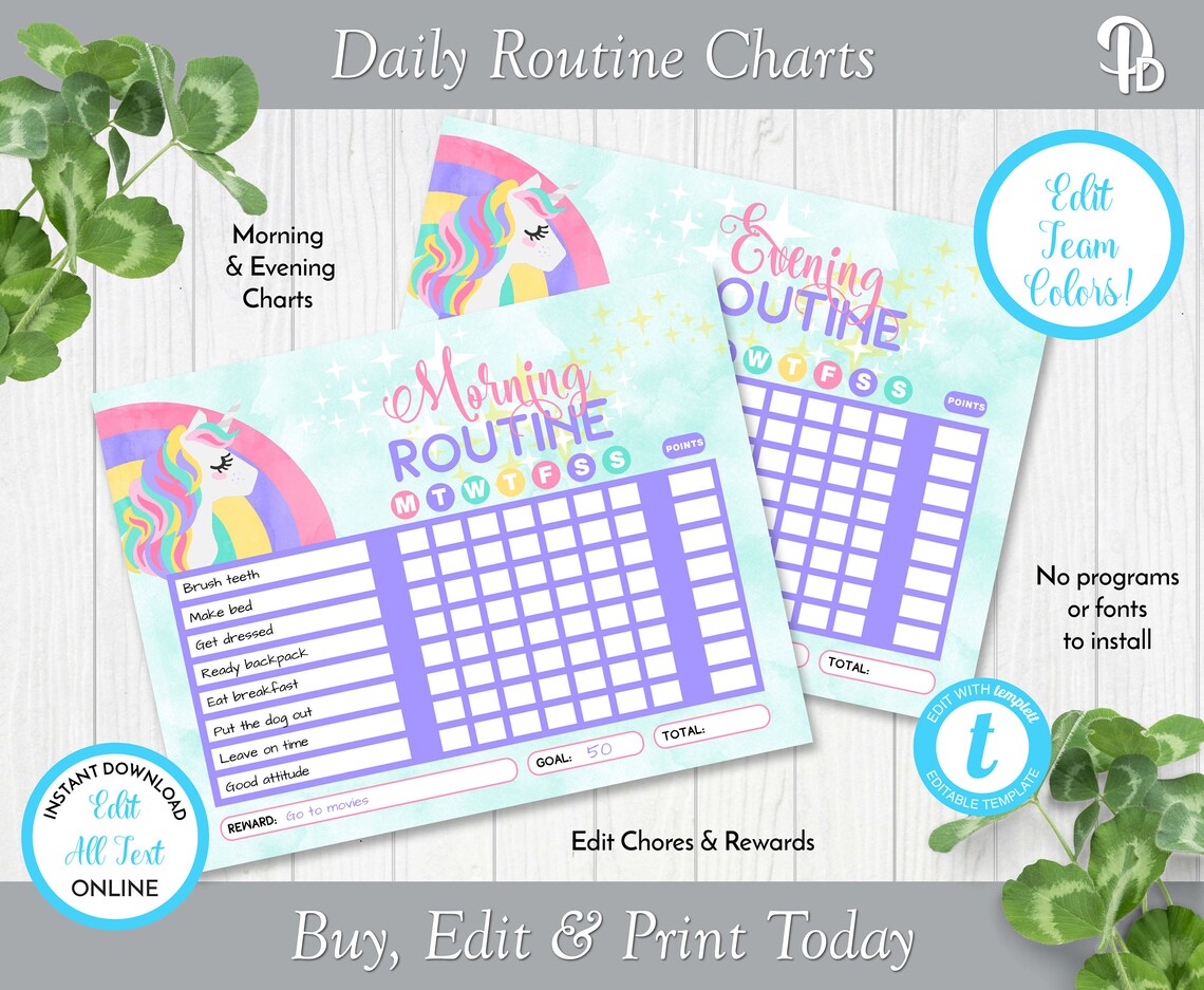 Pastel Unicorn Children's Daily Routine Charts Morning - Etsy