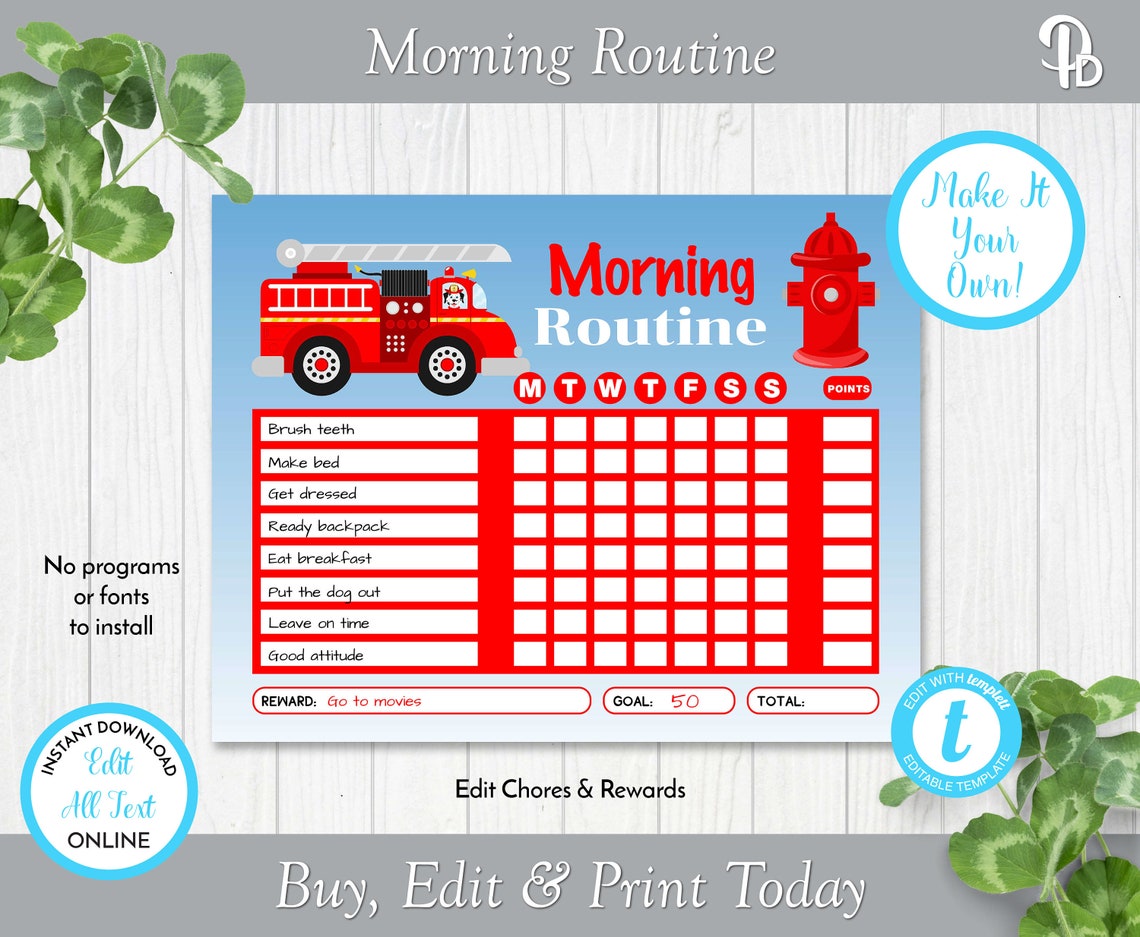 Firetruck Children's Daily Routine Charts Morning Routine | Etsy
